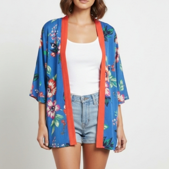 IMAN | Sweaters | Iman Blue And Red Floral Cardigan Light Blazer Cover ...